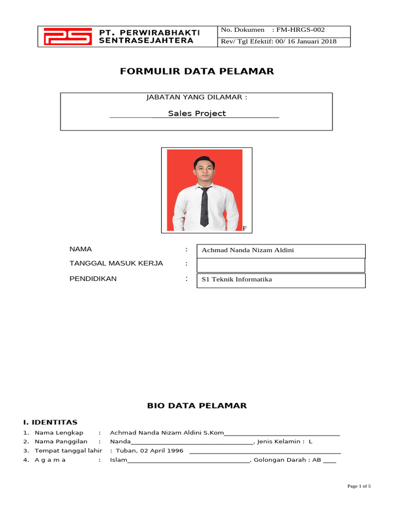 Formulir Data Pelamar Sales Project | PDF