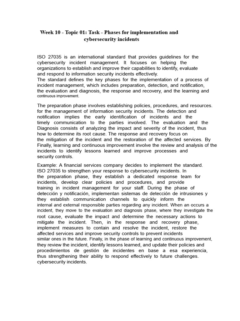 Week 10 - Topic 01 - Task - Phases for Implementation and Cybersecurity Incidents | PDF ...