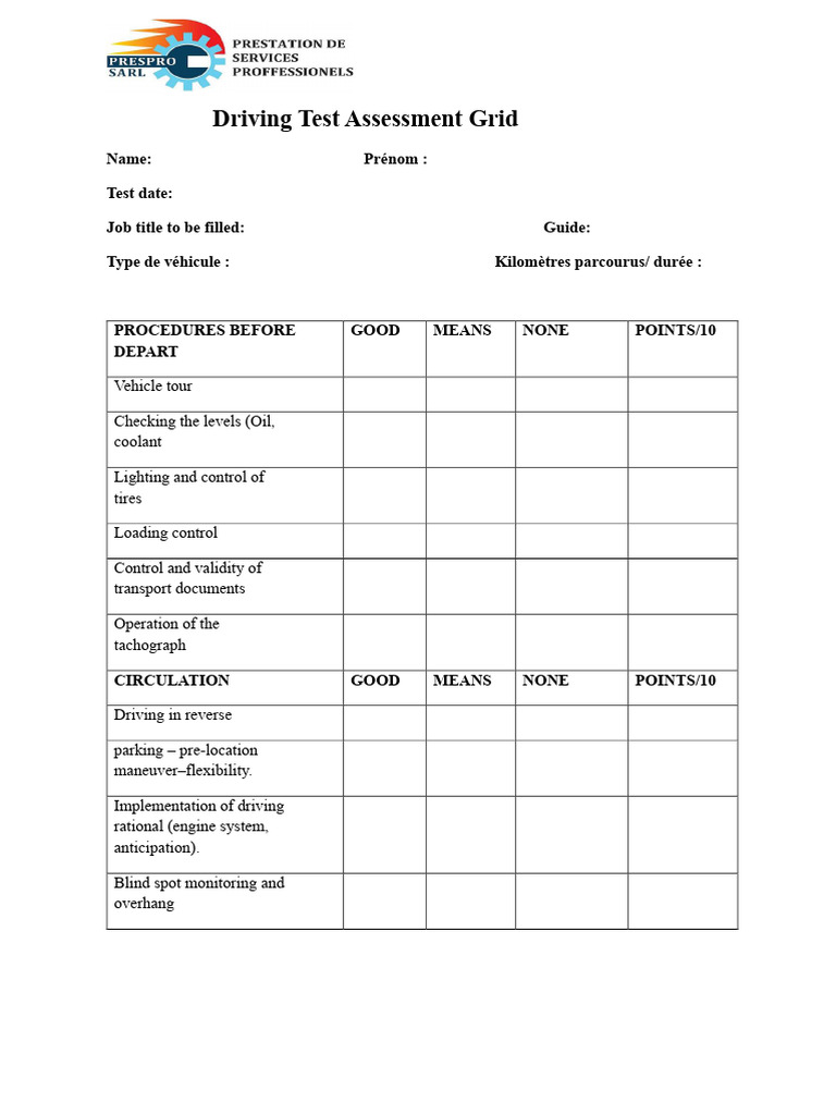 Driving Test Evaluation Grid | PDF