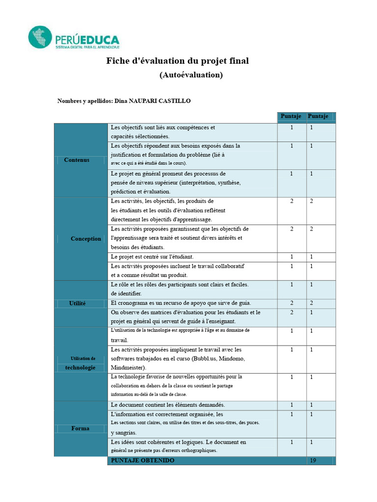 Évaluation du projet final d'autoévaluation | PDF | Apprentissage ...