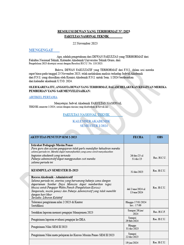 Kalender Akademik fakultatif_1_2024 DRAFT | PDF