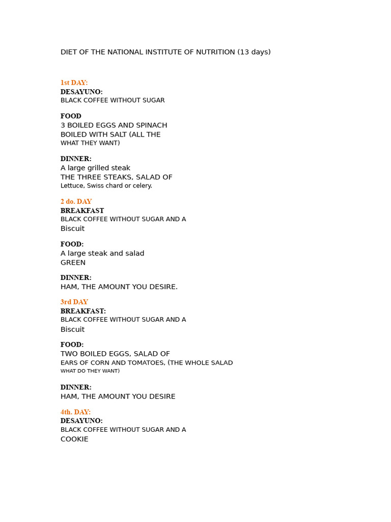 Diet of the National Institute of Nutrition | PDF