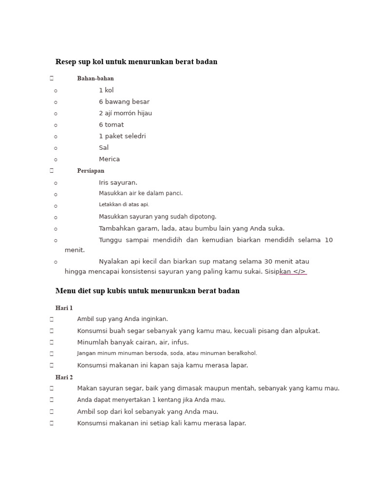 Resep Sup Kol untuk Menurunkan Berat Badan | PDF