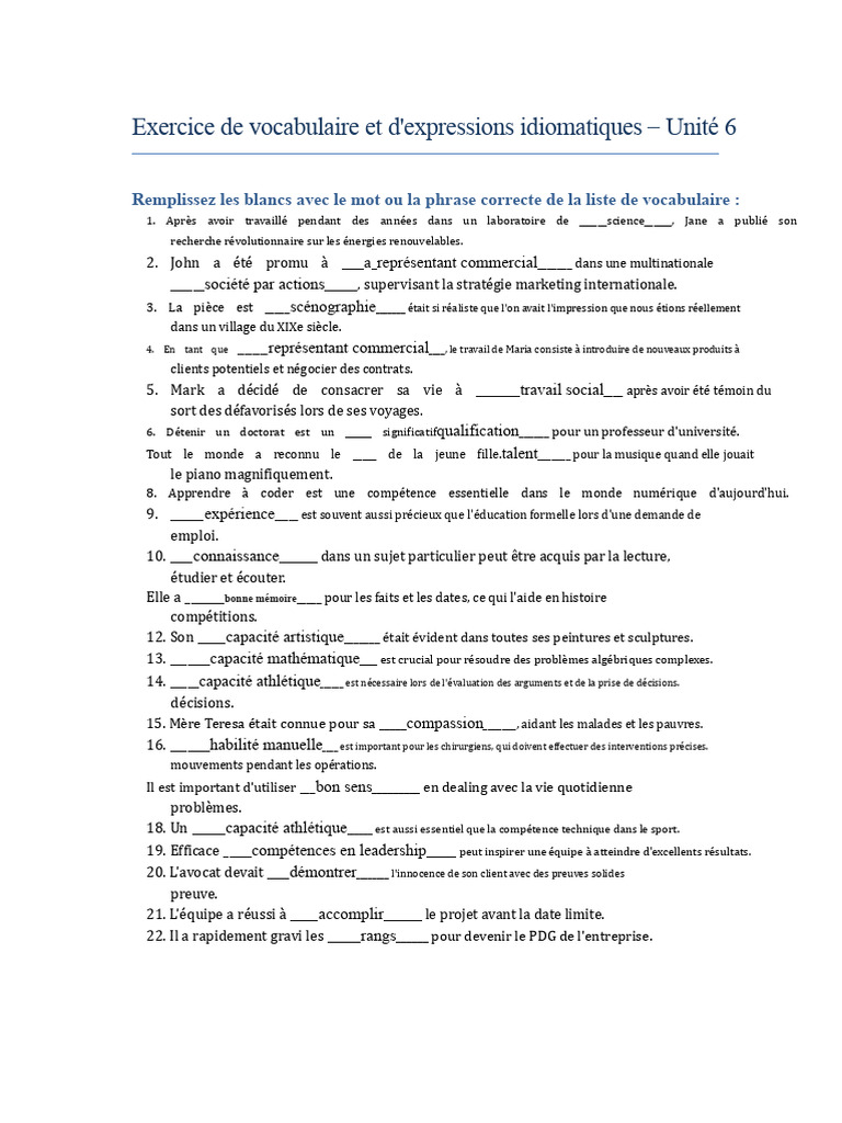 Vocabulaire Et Idiomes Exercice-Unité-6 | PDF