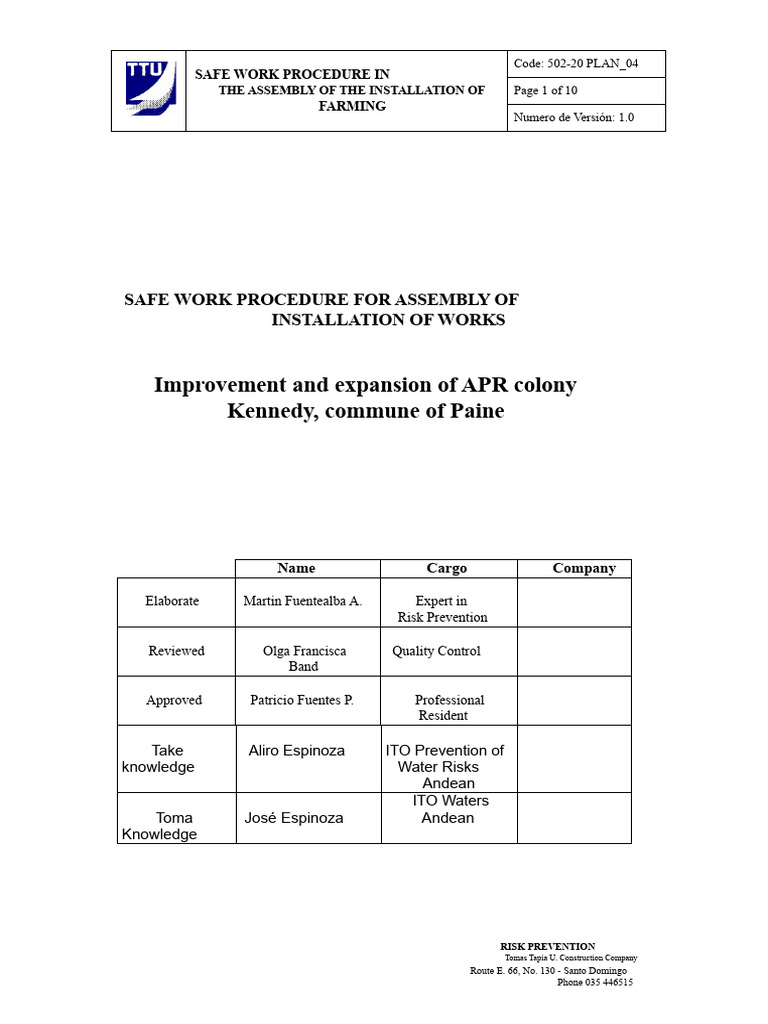 Safe Work Procedure for Farm Installations | PDF | Personal Protective ...