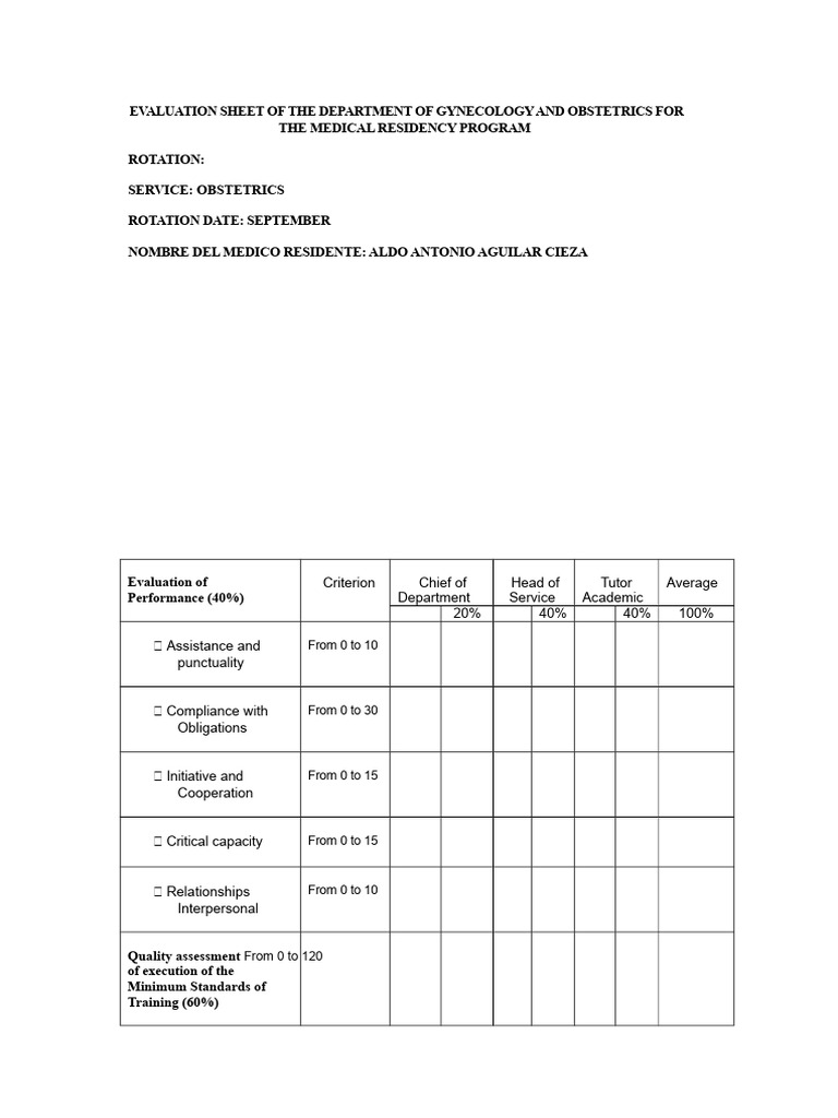 Evaluation Sheet of The Department of Gynecology and Obstetrics For The ...