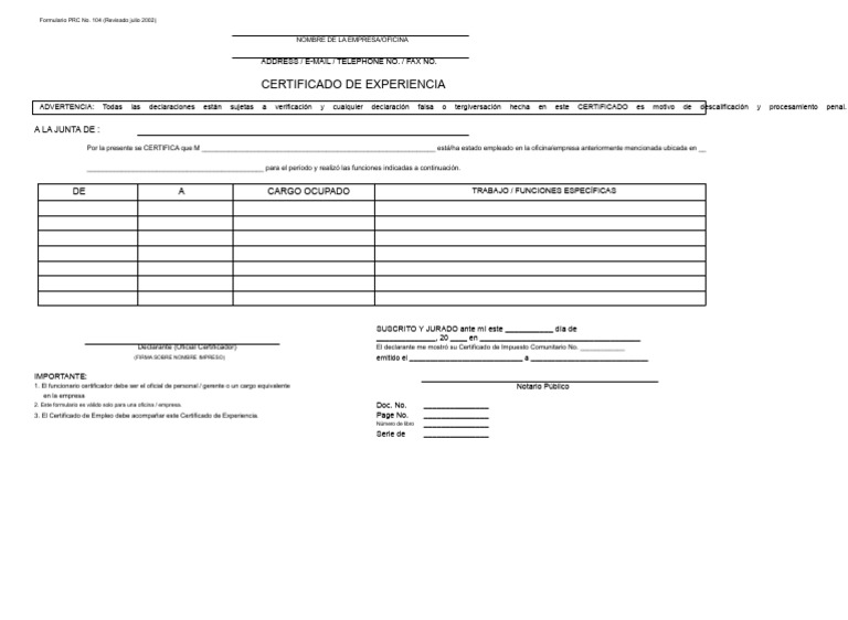 Certificado de Experiencia Laboral PRC 104 | PDF