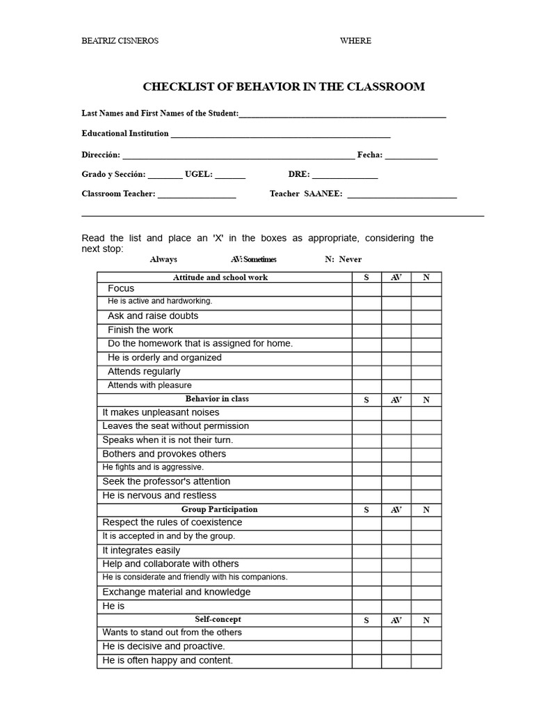 Classroom Behavior Checklist Template | PDF
