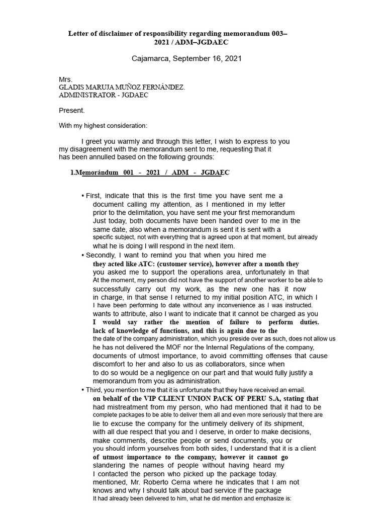 Letter of Disclaimer of Responsibility Regarding Memorandum 003 | PDF