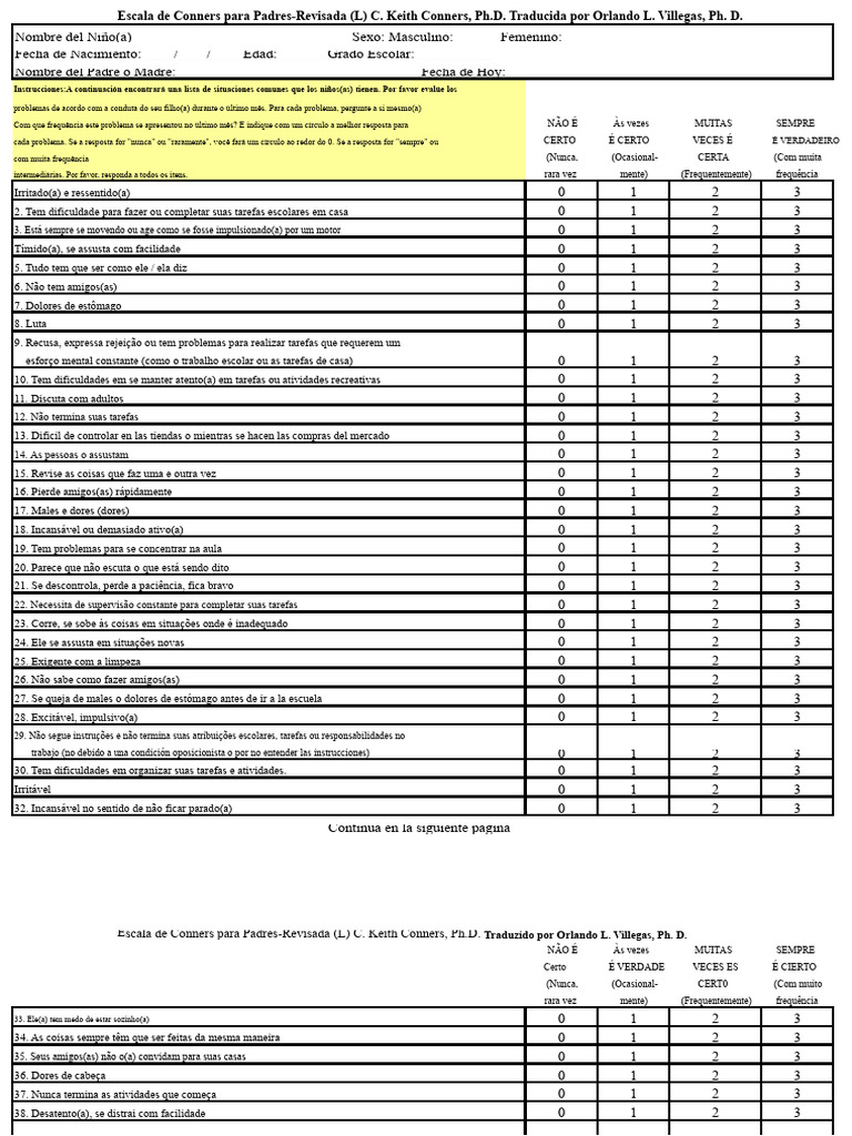 Escala de Conners para Pais: Avaliação Infantil | PDF | Transtorno de ...
