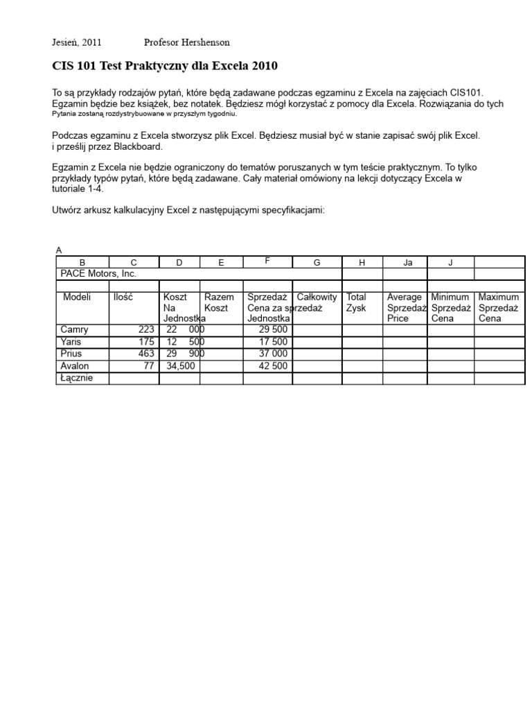 Egzamin próbny Excel CIS 101 Jesień 11 | PDF