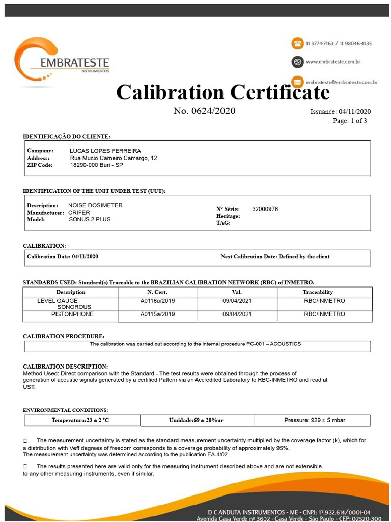 Noise Dosimeter Calibration Certificate | PDF | Calibration | Decibel