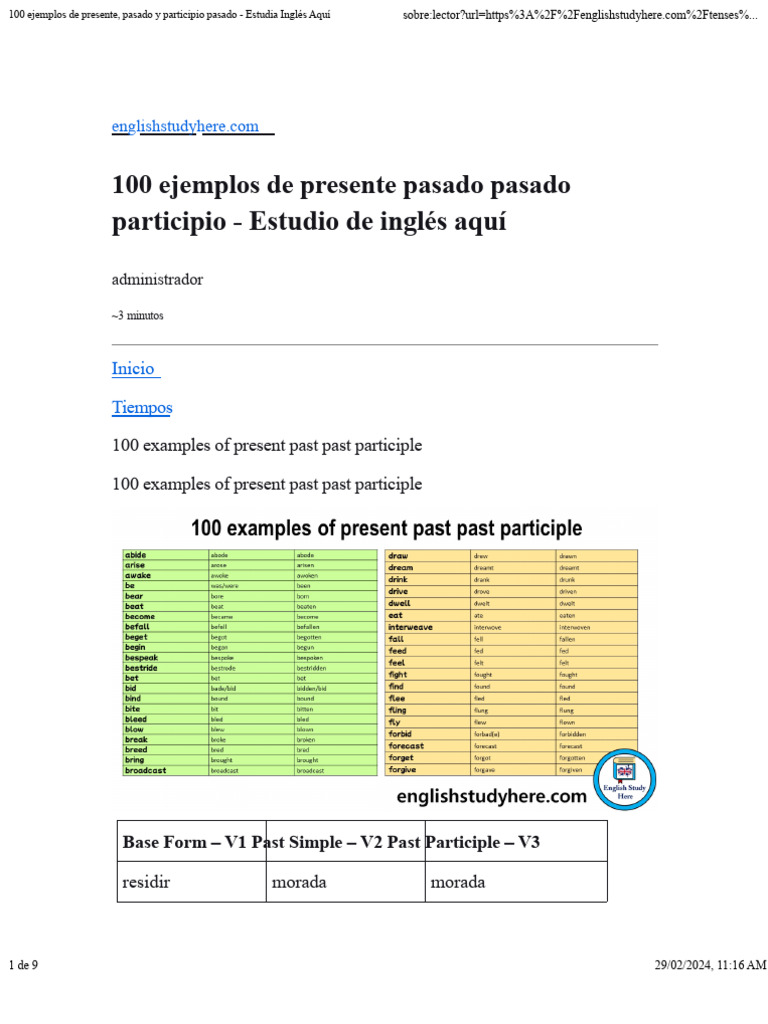 100 Ejemplos de Presente, Pasado y Participio Pasado - Estudio de Inglés Aquí | PDF | Gramática ...
