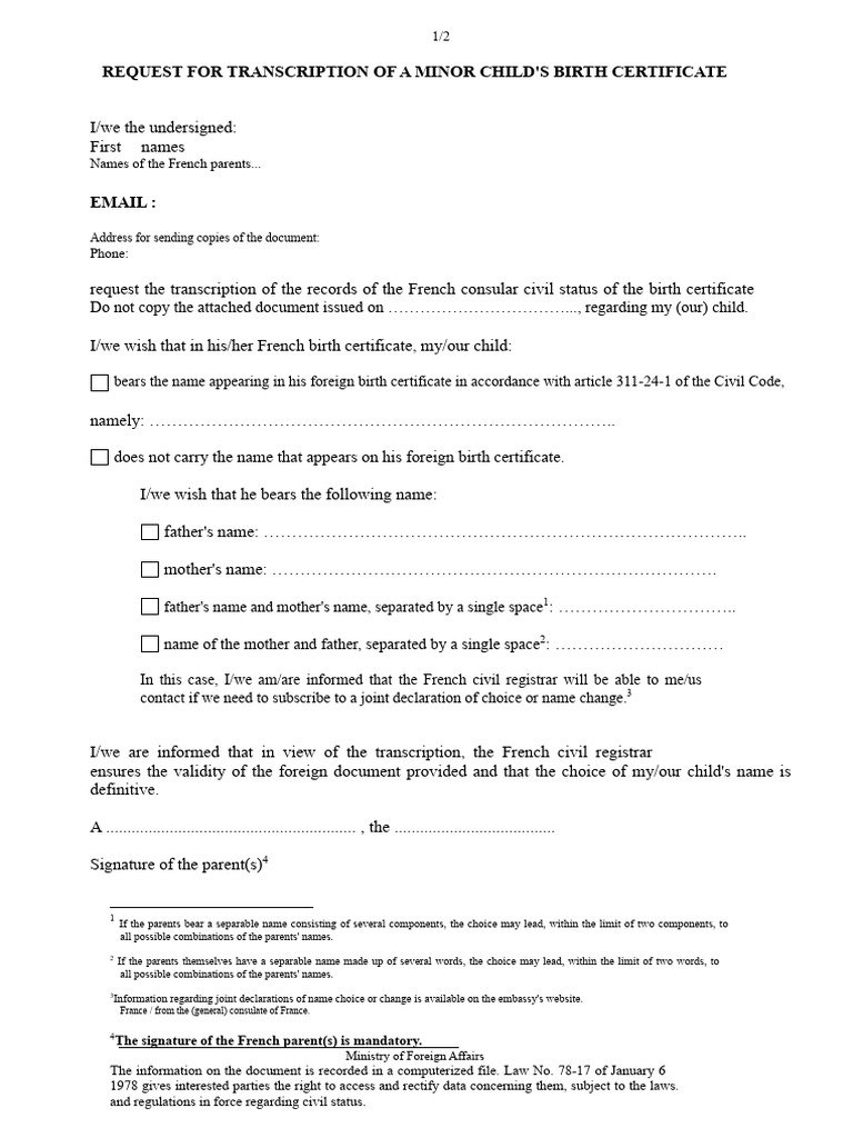 Application Form For Birth Certificate Transcription of A Minor Child ...