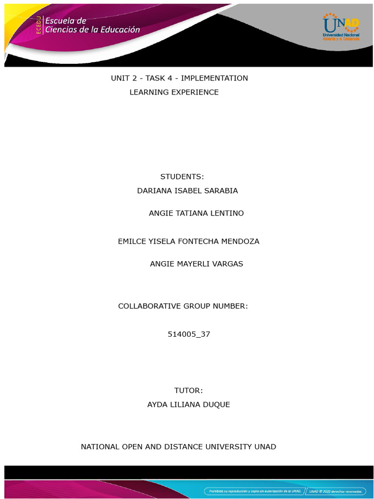 Template - Unit 2 - Task 4 - Implementation of Learning Experience ...
