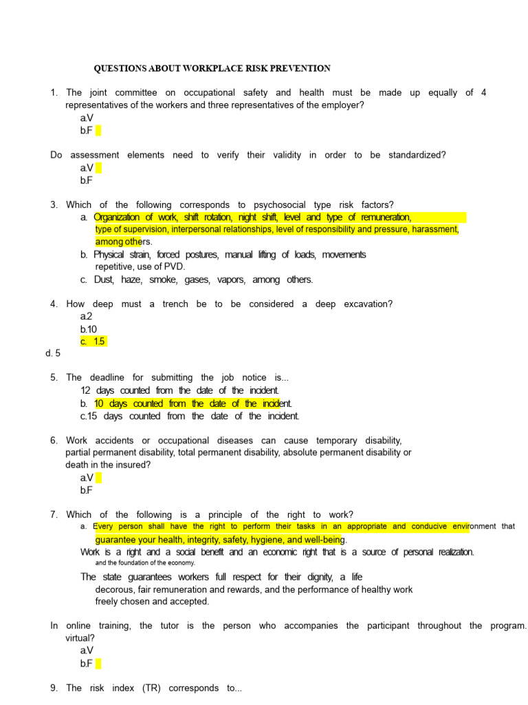 Questions On Occupational Risk Prevention | PDF | Occupational Safety ...