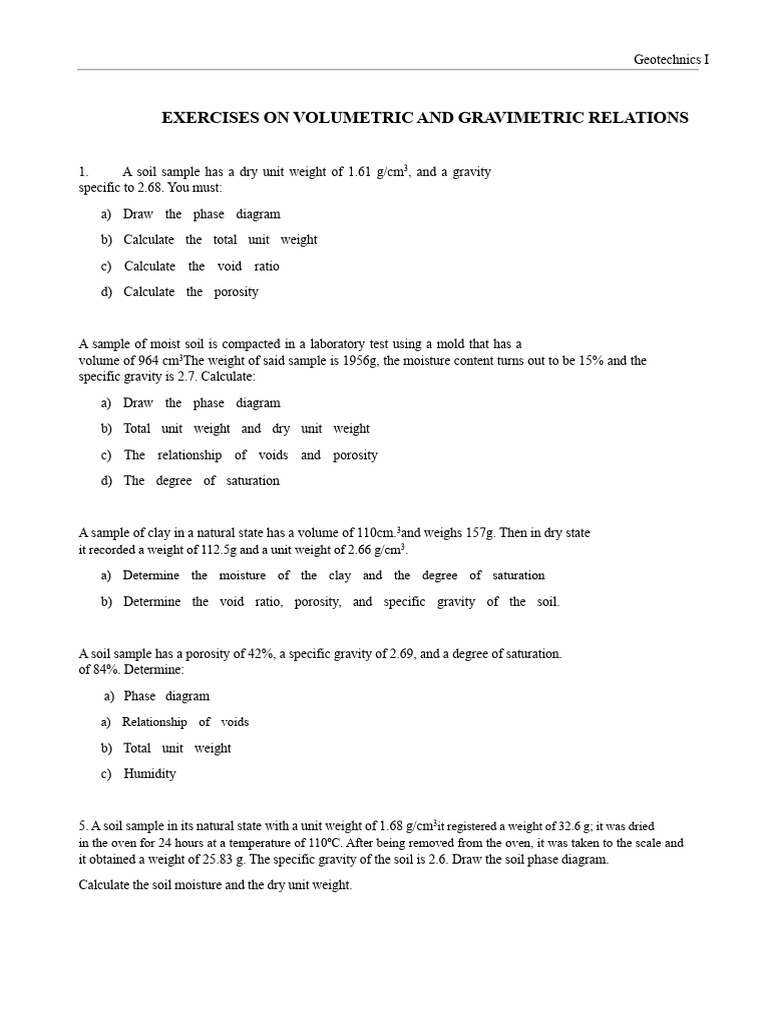 Exercises Volume and Gravity Relations - Geotechnics | PDF | Porosity ...