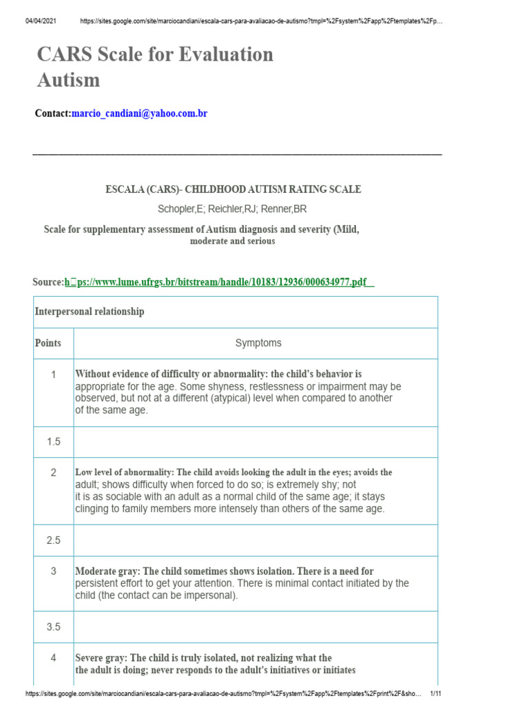CARS Scale for Autism Assessment | PDF | Autism | Communication