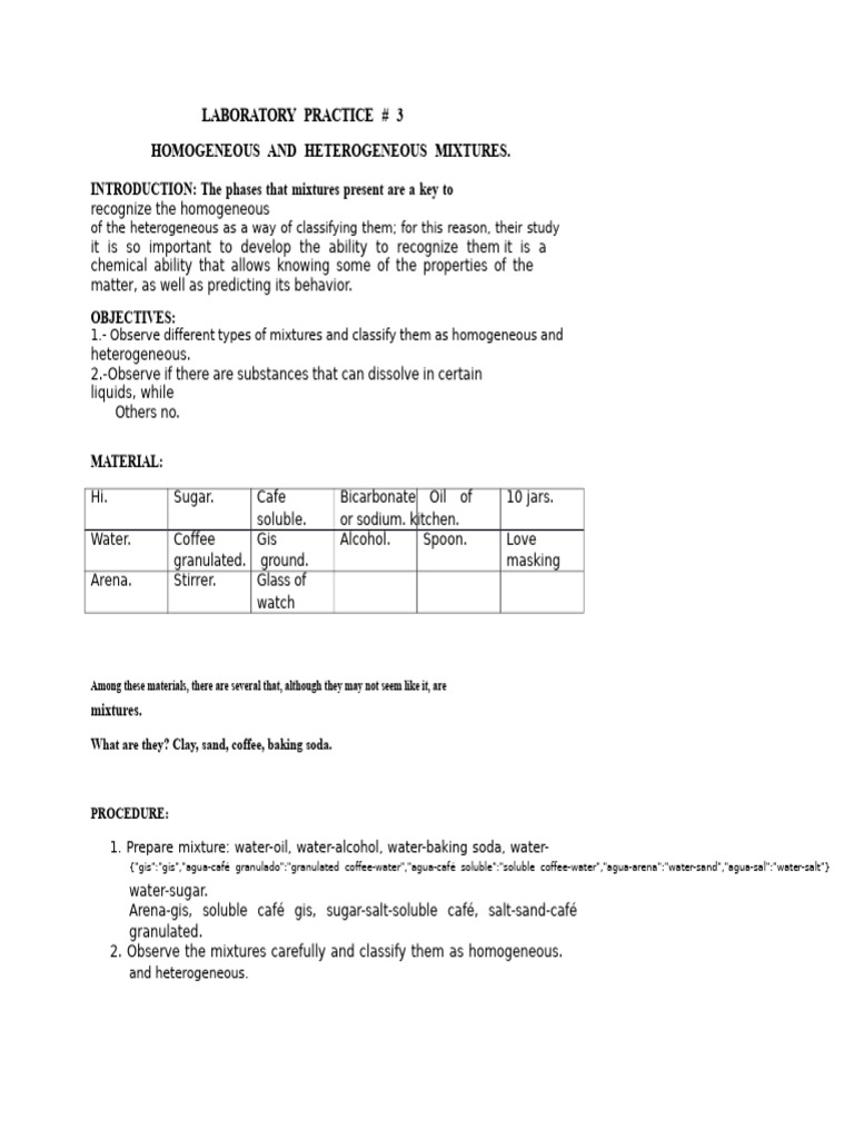 Lab Pract. 3. Homogeneous and Heterogeneous Mixtures. | PDF | Mixture ...