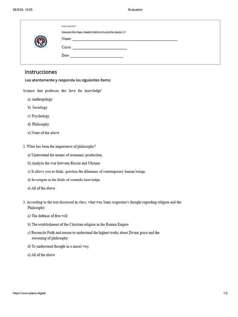 Philosophy Assessment First Period Grade 11 | PDF | Faith | Knowledge