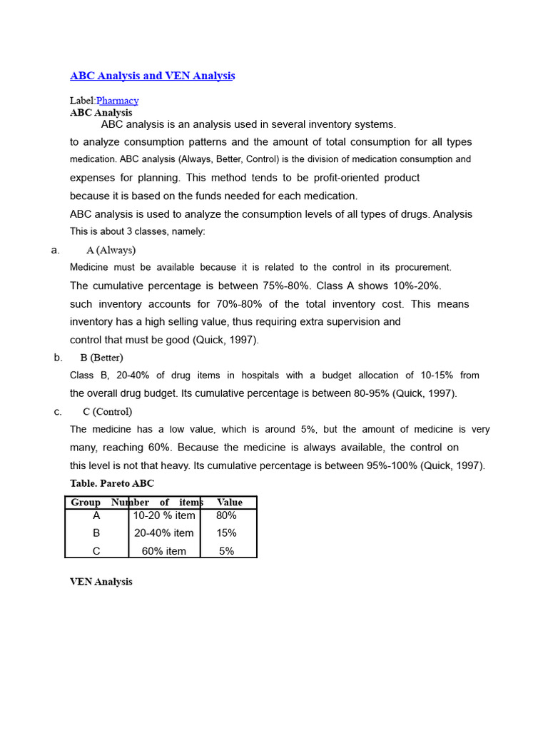 ABC Analysis and VEN Analysis | PDF | Inventory | Drugs