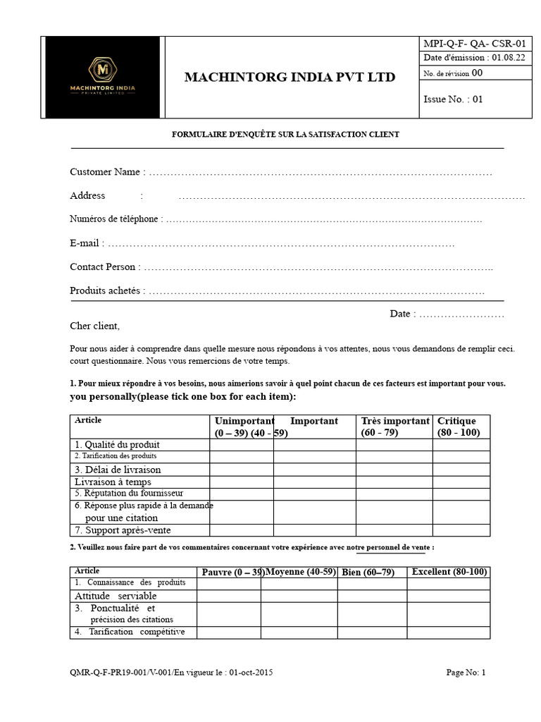 Formulaire d'enquête satisfaction client | PDF