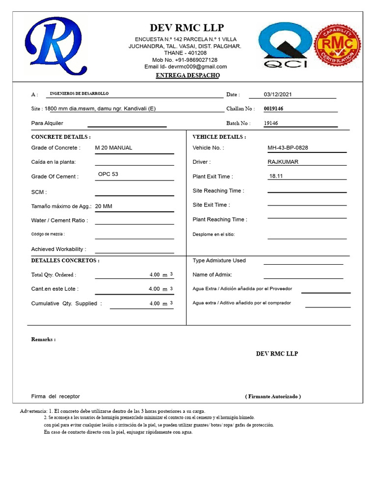 Dev RMC LLP: A: Date: Site: Challan No: Batch No | PDF | Hormigón ...