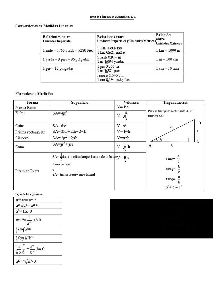 Hoja de Fórmulas de Matemáticas 10C | PDF | Formas geométricas ...