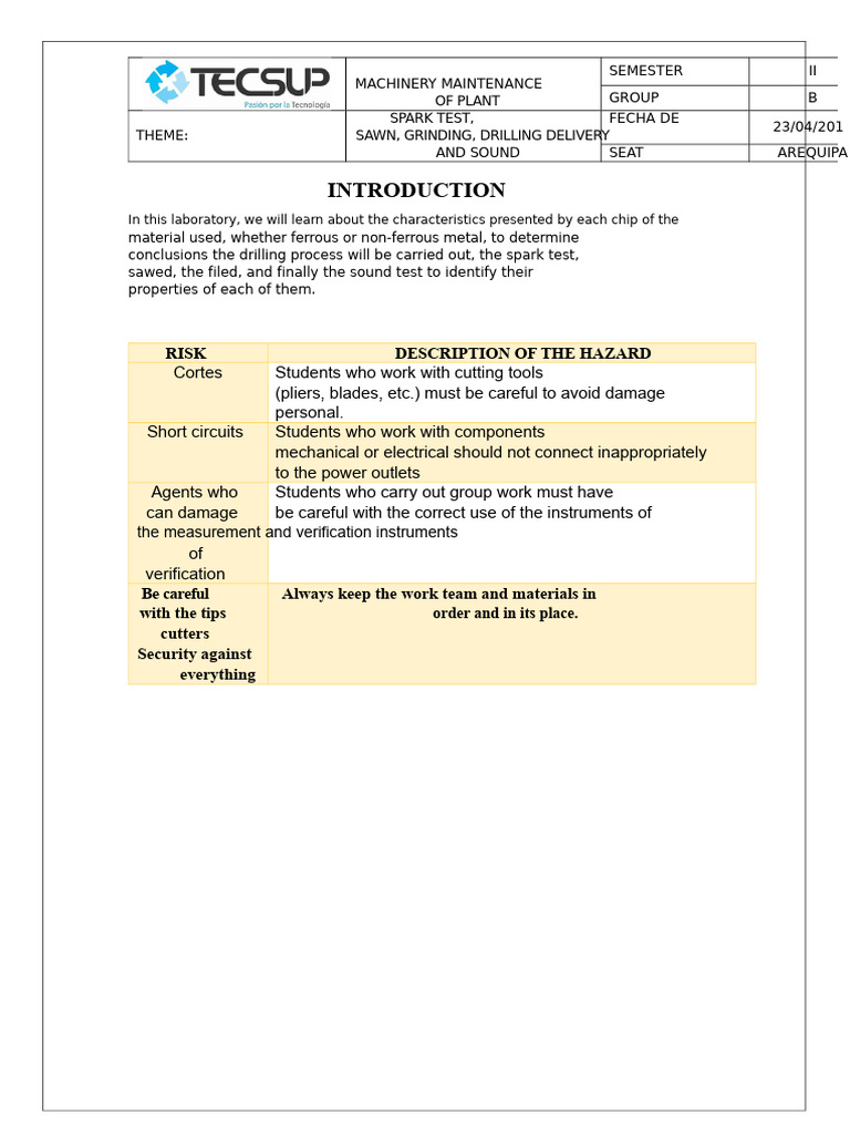 Spark Test Laboratory, Cutting, Grinding, Drilling and Sound | PDF ...