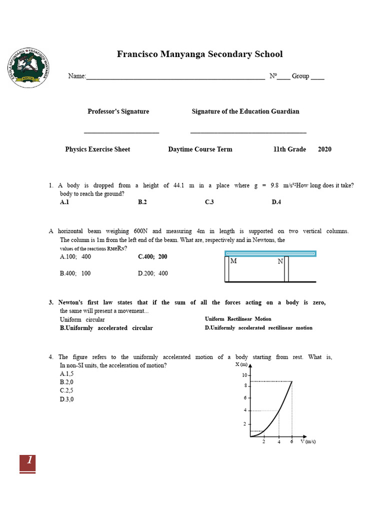 Exercise Sheet 11th Grade - PHYSICS | PDF | Force | Acceleration