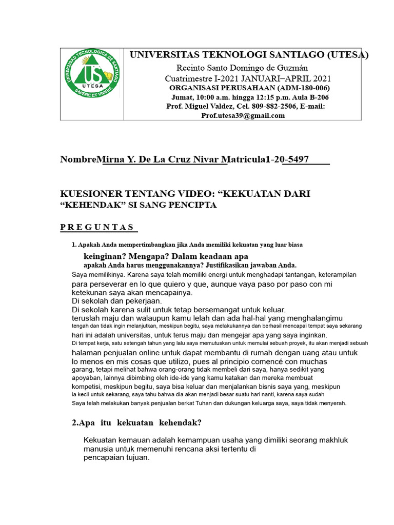 Kuesioner Tentang Kekuatan Niat | PDF