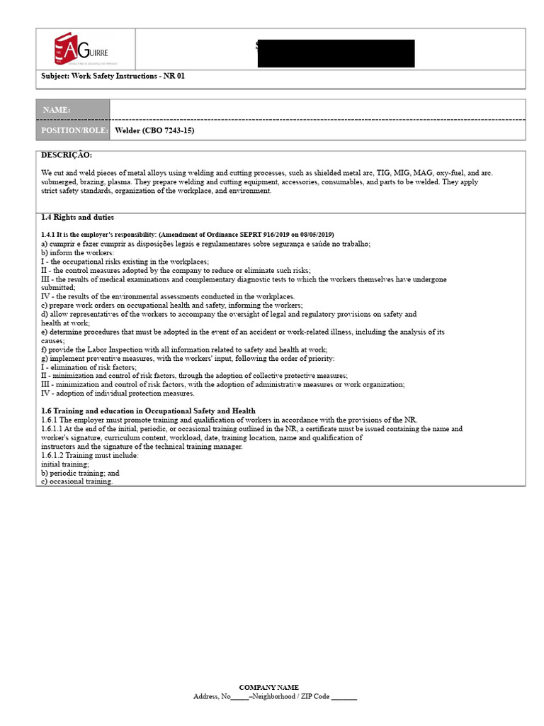 Work Order (NR-01) | PDF | Occupational Safety And Health | Personal ...