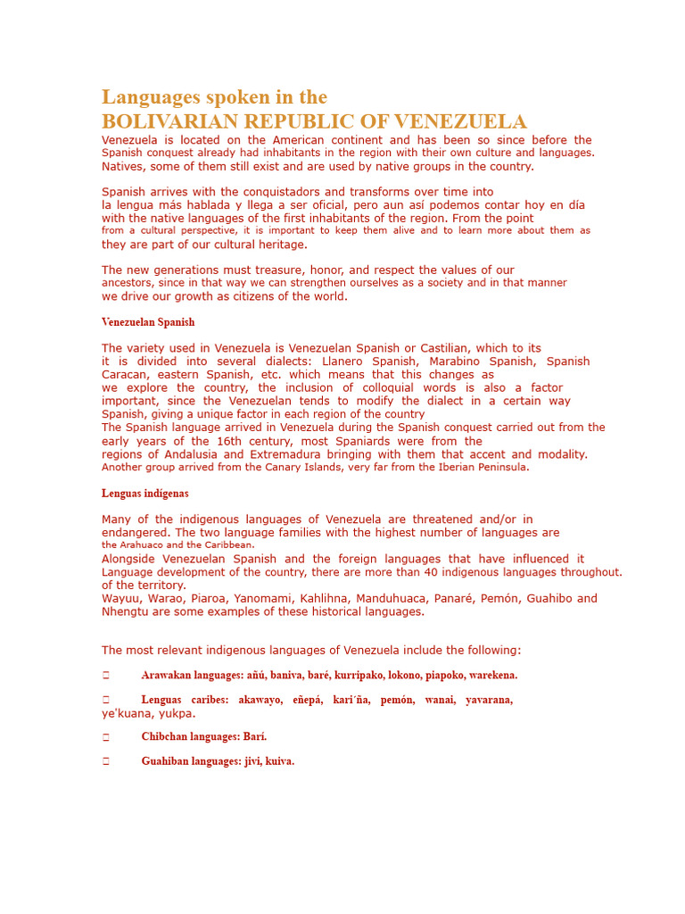 Languages Spoken in The Bolivarian Republic of Venezuela | PDF ...