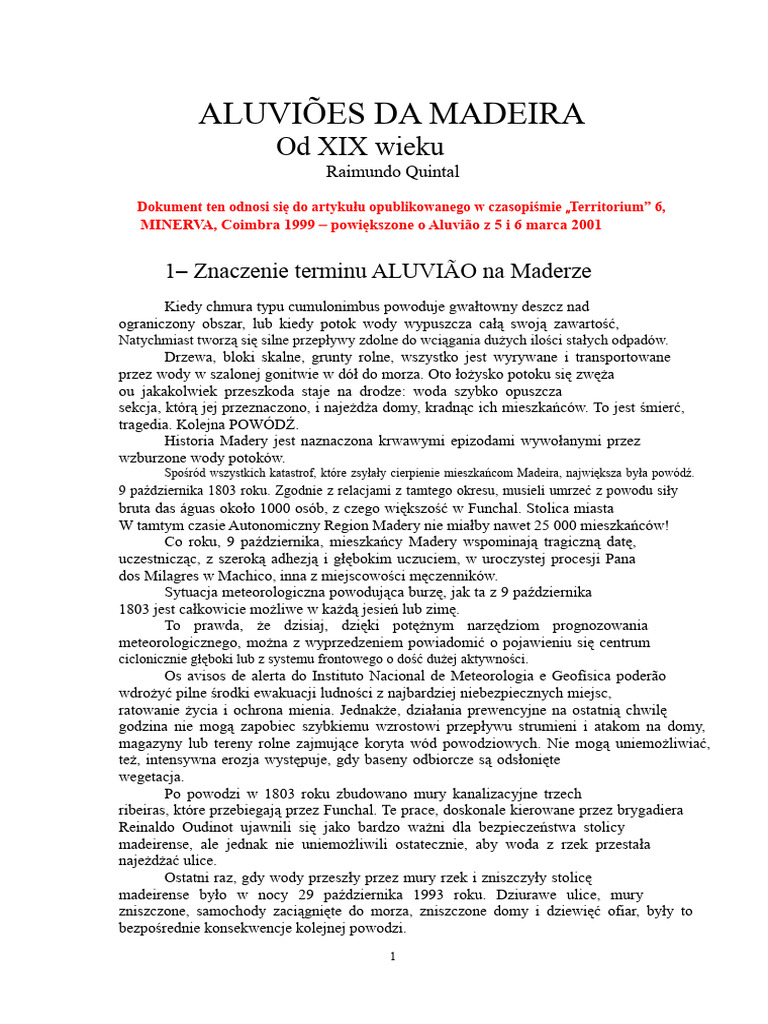 Raimundo Quintal: POWODZIE NA MADEIRZE - Od XIX Wieku | PDF