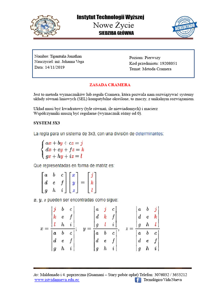 Metoda Cramera 3X3 | PDF