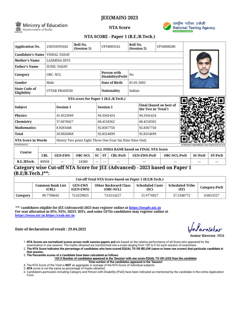 Vishal Yadav Jee Main Score | PDF | Government Of India | Career And ...