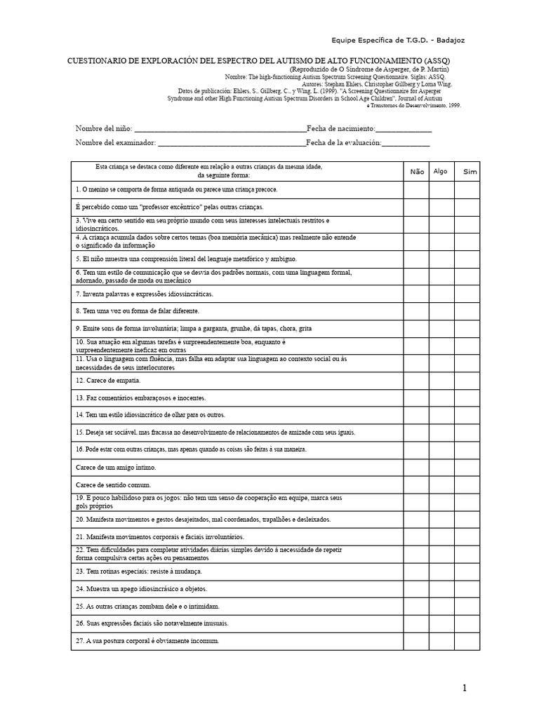 ASSQ Questionário de Exploração Do Espectro Do Autismo de Alto ...