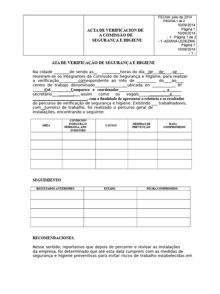 Ata de Verificação de Segurança e Higiene | PDF