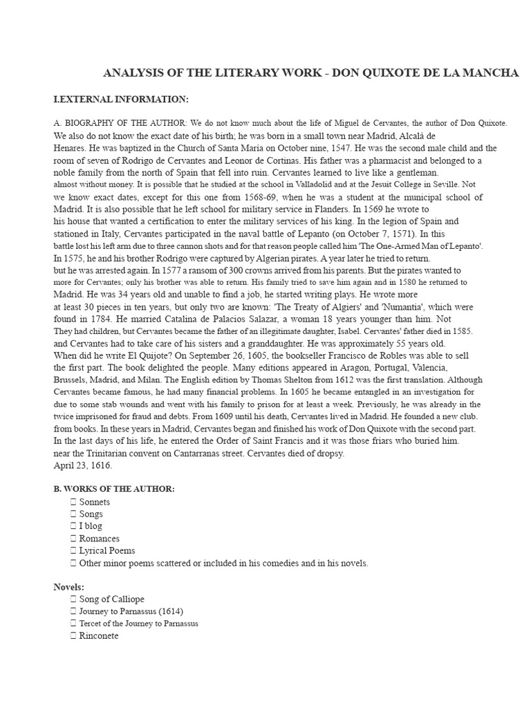 LITERARY ANALYSIS OF DON QUIXOTE DE LA MANCHA | PDF | Don Quixote ...