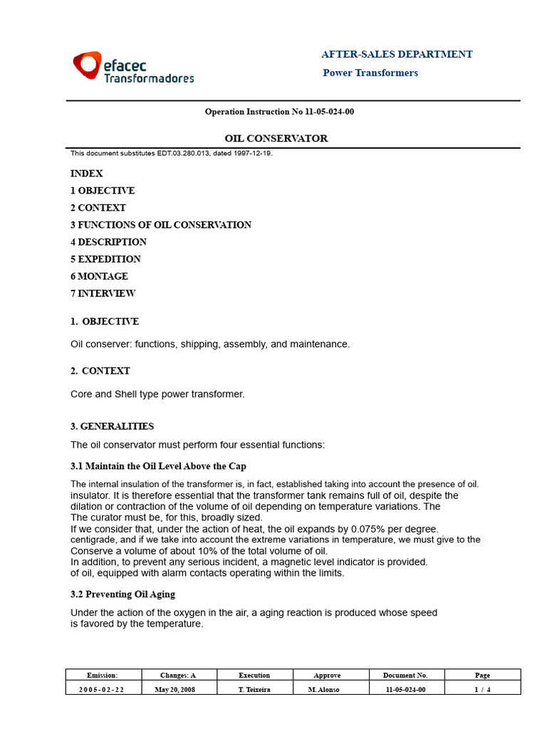 Oil Conservator Operation Guide | PDF | Transformer | Relay