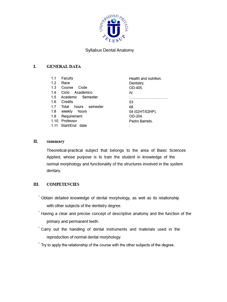 Dental Anatomy Syllabus Overview | PDF | Dental Anatomy | Dentistry