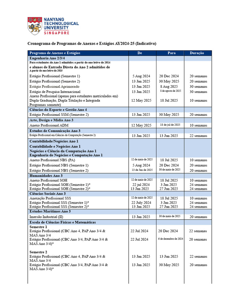 Cronograma para Programas de Anexos e Estágios - AY2024-25 ...