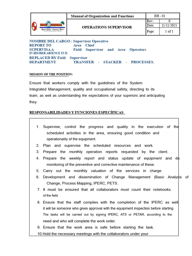 Operations Supervisor Job Description | PDF | Occupational Safety And ...