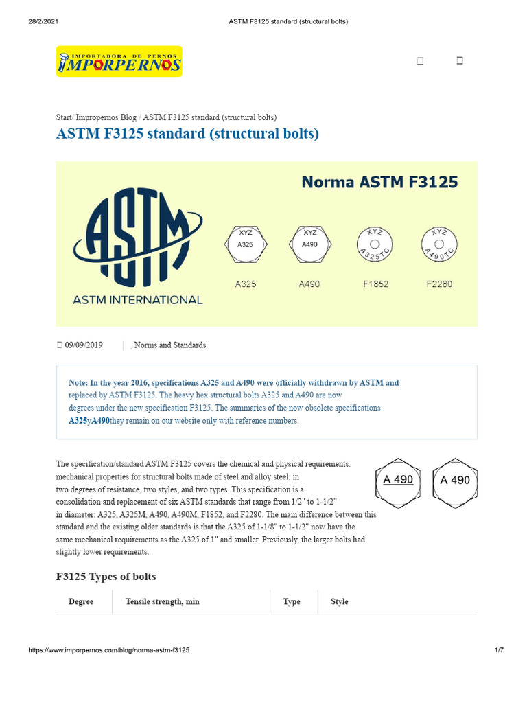 ASTM F3125 Standard (Structural Bolts) | PDF | Screw | Nut (Hardware)