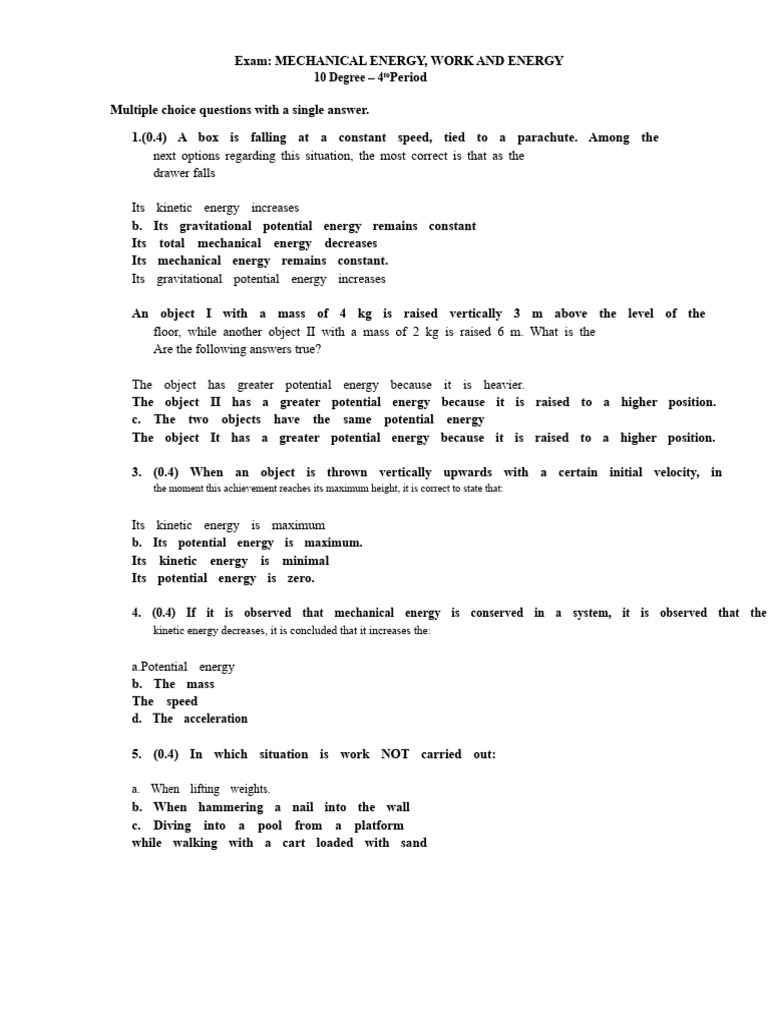 Exam Energies and Work | PDF | Potential Energy | Kinetic Energy