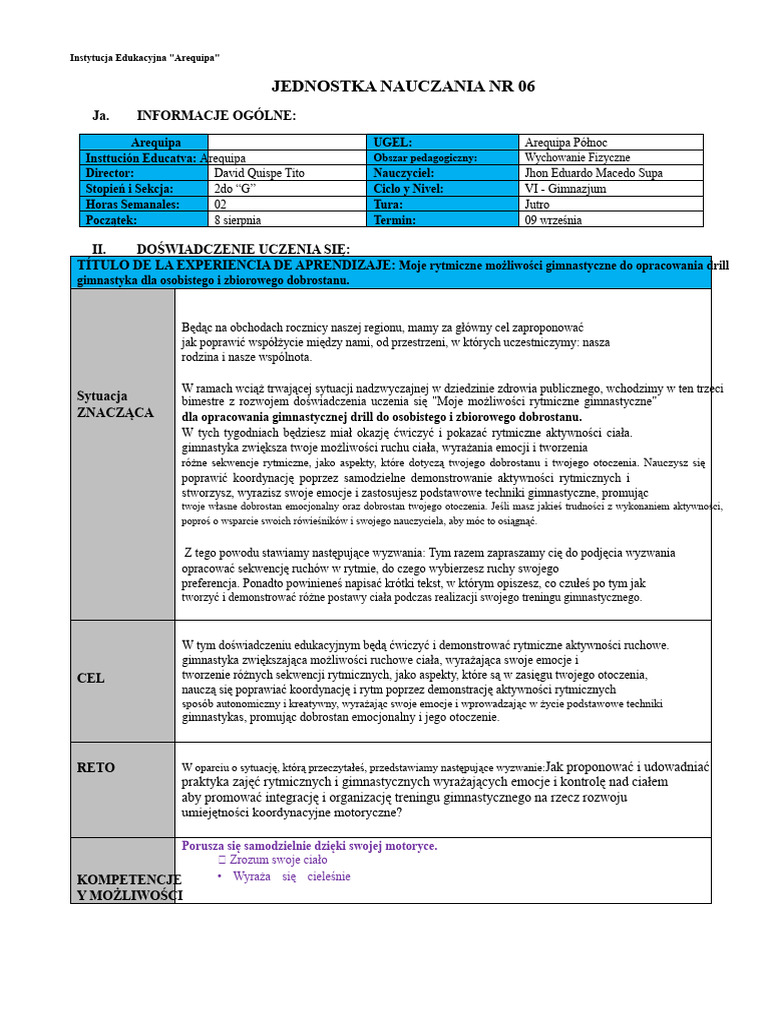 JEDNOSTKA DYDAKTYCZNA 6 2. Ćwiczenia Gimnastyczne | PDF