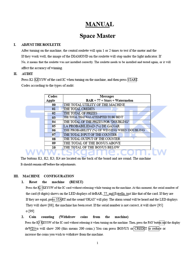 Space Master Machine Setup Manual | PDF | Roulette | Computing
