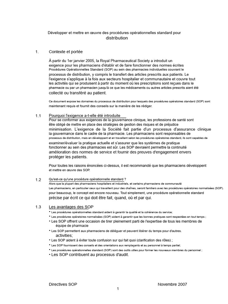 Procédures Opérationnelles Standard en Pharmacie | PDF | Pharmacien ...