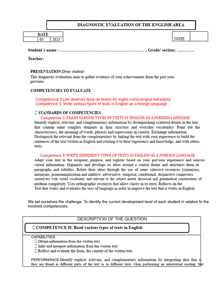 Diagnostic Evaluation of English 2022 | PDF | English Language ...