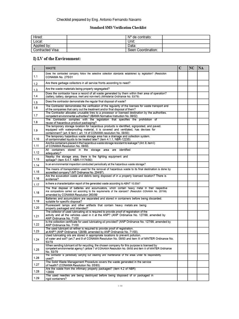 Standard SMS Verification Checklist | PDF | Waste | Elevator
